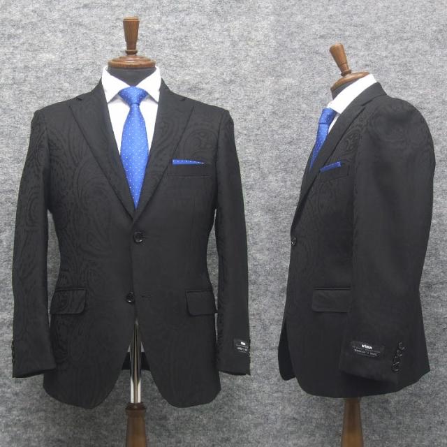Super100s　パーティスーツ　スタイリッシュ2釦　通年物　フォーマル　黒　ペイズリー　ゲストスーツ　AB5　MN3201