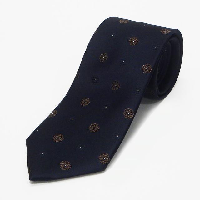 究極の西陣織　オールシルクネクタイ　濃紺×ブロンズ茶/花小紋　抜群の締め心地　メール便送料無料　NJ-SLK03-BR