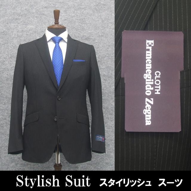 春夏物　黒系縞　[Ermenegildo Zegna] ゼニア COOL EFFECT使用　スタイリッシュ2釦スーツ ロゴ入りジャガード裏地 YA6 OK6