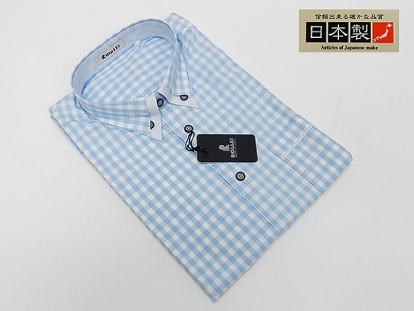 アダルトカジュアルシャツ　[ROLLEI]　日本製　長袖　白×水色　チェック　マイターカラー　綿100％　デザインシャツ　ROL202