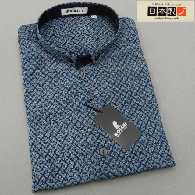 アダルトカジュアルシャツ　[ROLLEI]　日本製　長袖　紺系　チェック風　デザインシャツ　ROL34193-2