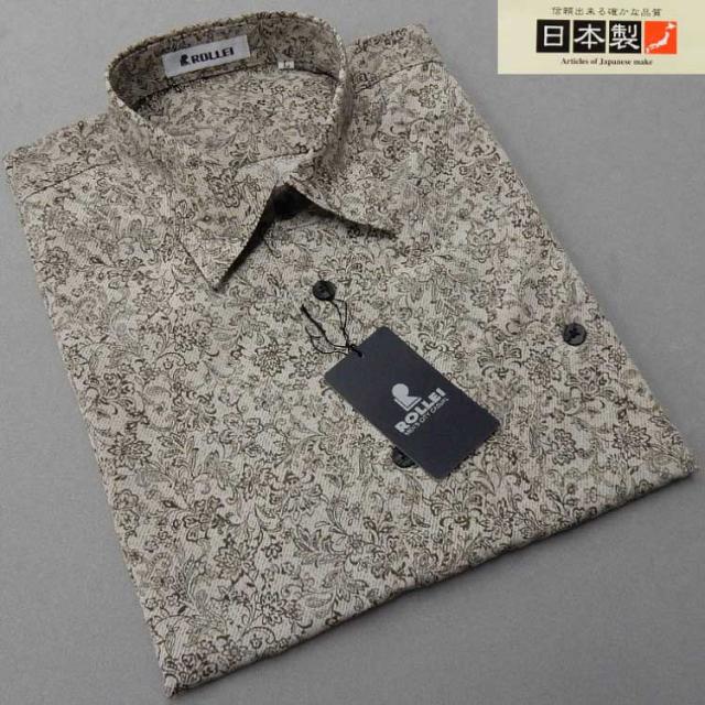 アダルトカジュアルシャツ　[ROLLEI]　日本製　長袖　薄茶×濃茶緑　草花柄　デザインシャツ　ROL34200-2
