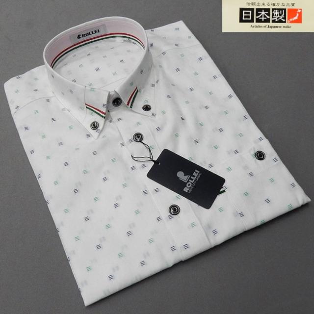アダルトカジュアルシャツ　[ROLLEI]　日本製　長袖　白地　格子柄　綿100％　デザインシャツ　ROL34216-2
