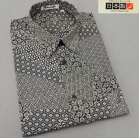 アダルトカジュアルシャツ　[ROLLEI]　日本製　長袖　黒×ベージュ　和柄つぎはぎ　デザインシャツ　ROL34252-1