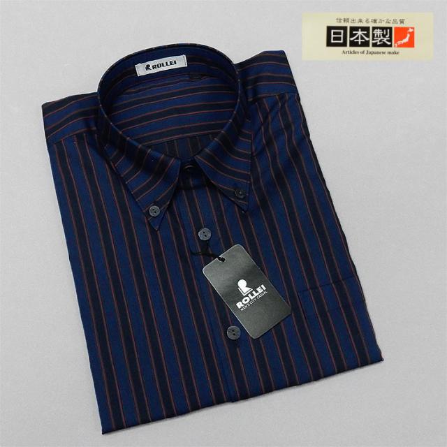 アダルトカジュアルシャツ　[ROLLEI]　日本製　長袖　紺系　ストライプ　綿100％　デザインシャツ　ROL34292-1