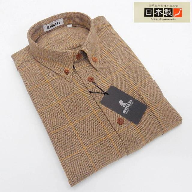 アダルトカジュアルシャツ　[ROLLEI]　日本製　長袖　薄茶系　グレンチェック　ボタンダウン　秋冬物　ROL34330-2