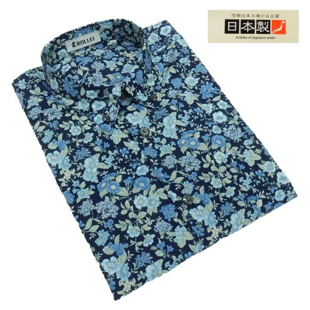 アダルトカジュアルシャツ [ROLLEI] 日本製 長袖 濃紺×青×緑系 草花柄 綿100％ デザインシャツ ROL34342-2