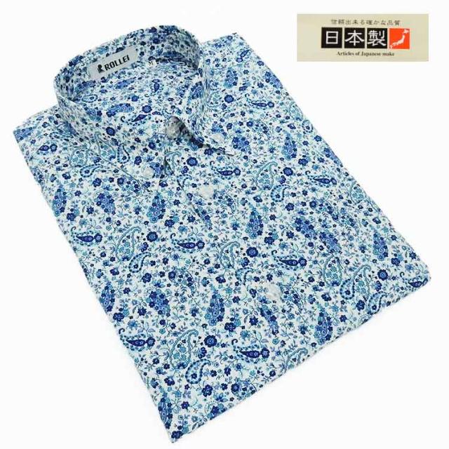 アダルトカジュアルシャツ [ROLLEI] 日本製 長袖 白×ブルー系 ペイズリー柄 綿100％ デザインシャツ ROL34343-1