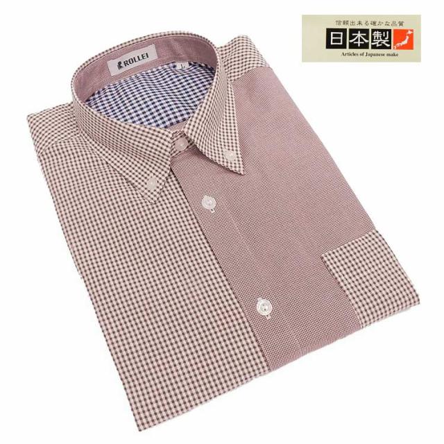 アダルトカジュアルシャツ [ROLLEI] 日本製 長袖 茶×ワイン×白 切替 チェック柄 綿100％ デザインシャツ ROL34352-1