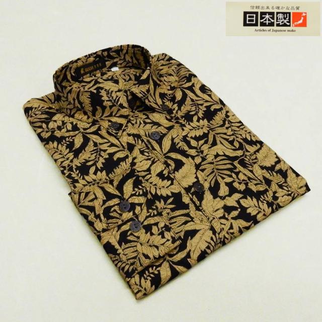 アダルトカジュアルシャツ [ROLLEI] 日本製 長袖 黒地×カーキ ボタニカル柄 ボタンダウン 秋冬物 ROL34358-1