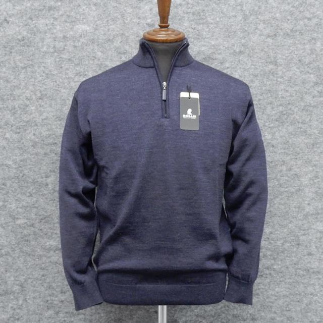 ニットセーター　ジップアップ[ROLLEI]　日本製　霜降り紺/無地　タートルネック　ウール100％　ウォッシャブル　ROL77025-1