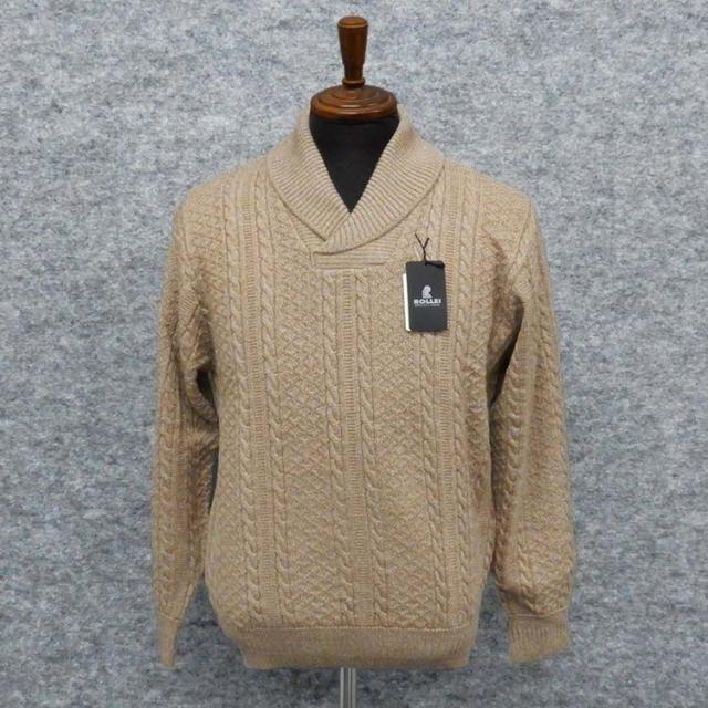 ニットセーター[ROLLEI]　日本製　ベージュ系　ショールカラー　ウール100％　メリノウール　ケーブルニット　ROL79010-1