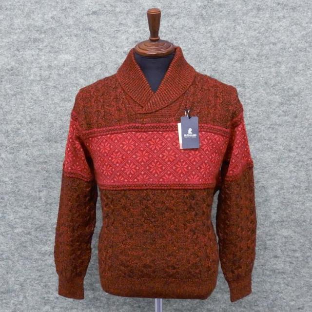 ニットセーター[ROLLEI]　日本製　茶系　ショールカラー　ウール100％　メリノウール　ケーブルニット　ROL79692-2