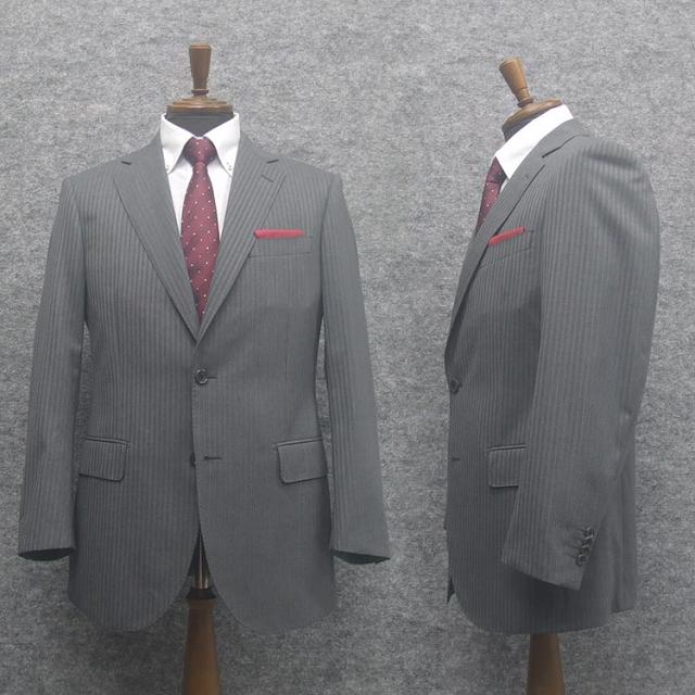 通年　シングル２釦ベーシックスーツ　グレー/ストライプ  [A体][AB体][BE体]　メンズスーツ　S19502