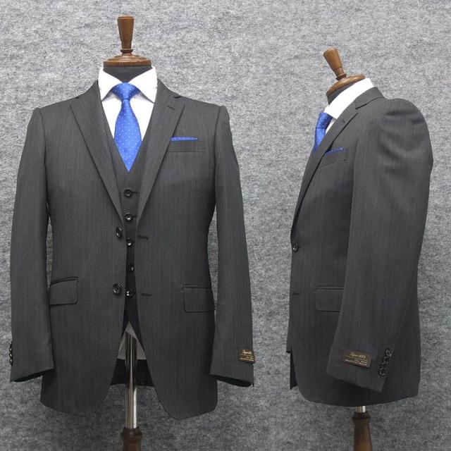 秋冬物　３ピース　スタイリッシュ2釦シングルスーツ　濃グレーストライプ　[Y体][A体][AB体]　メンズスーツ　SE67500-23