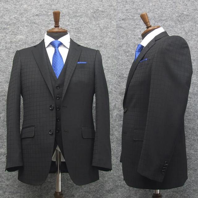 秋冬物　３ピース　スタイリッシュ2釦シングルスーツ　黒格子　[Y体][A体]　メンズスーツ　SE67502-03