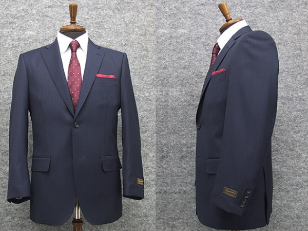 秋冬物　ベーシックスーツ 紺系ストライプ  super110sウール　シングル2ボタン [A体]　メンズスーツ　DIN49300-13