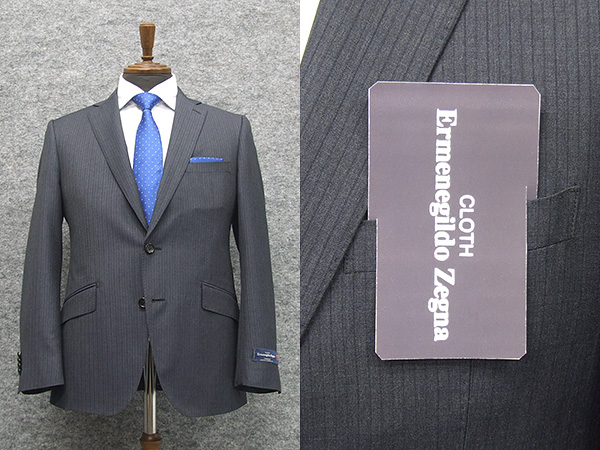 春夏物　グレー系縞　[Ermenegildo Zegna] ゼニア TROPICAL使用　スタイリッシュ2釦スーツ　[A体][AB体]　EZS76　ロゴ入りジャガード裏地