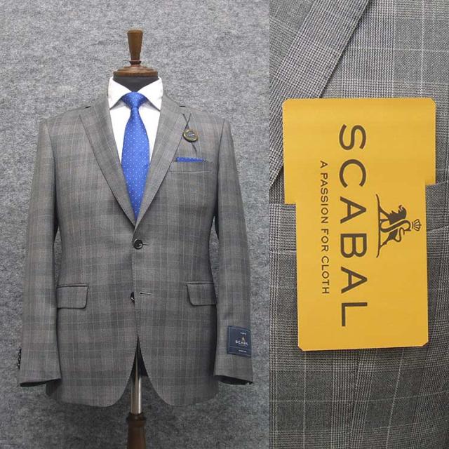 秋冬物　[Scabal] スキャバル　Super110sオーダー生地使用　スタイリッシュ2釦シングルスーツ　グレー/格子　日本製　SCB-S03