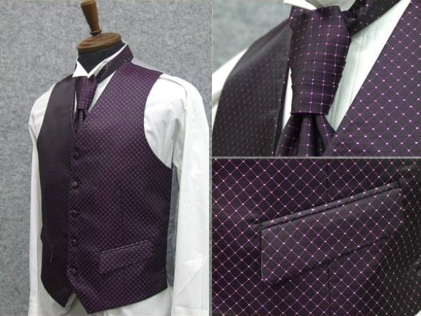 ◆フォーマルベスト&アスコットタイ◆ ジレ バロックタイ　結婚式 披露宴 新郎 [YA〜A体] Ｓサイズ ◇紫ラメ◇V7