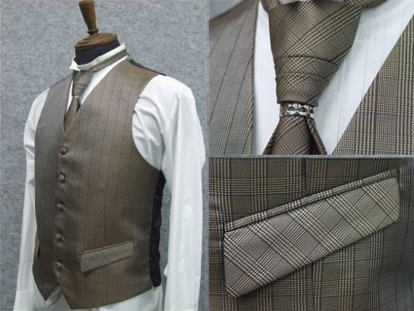 ◆フォーマルベスト&アスコットタイ◆ メンズ 新郎 結婚式 披露宴 [YA〜A体] LLサイズ ◇ブロンズ 格子 茶◇V75