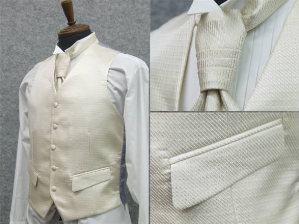 ◆フォーマルベスト&アスコットタイ◆ ジレ メンズ 新郎 結婚式 披露宴[YA〜A体]　Sサイズ　◇バニラ◇　V8