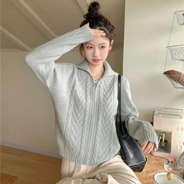 ジャケット レディース アウター セーター カーディガン ブルゾン ジップ 襟付き 前開き リブニット 長袖 ジッパー ショート丈 無地 ハイ ...