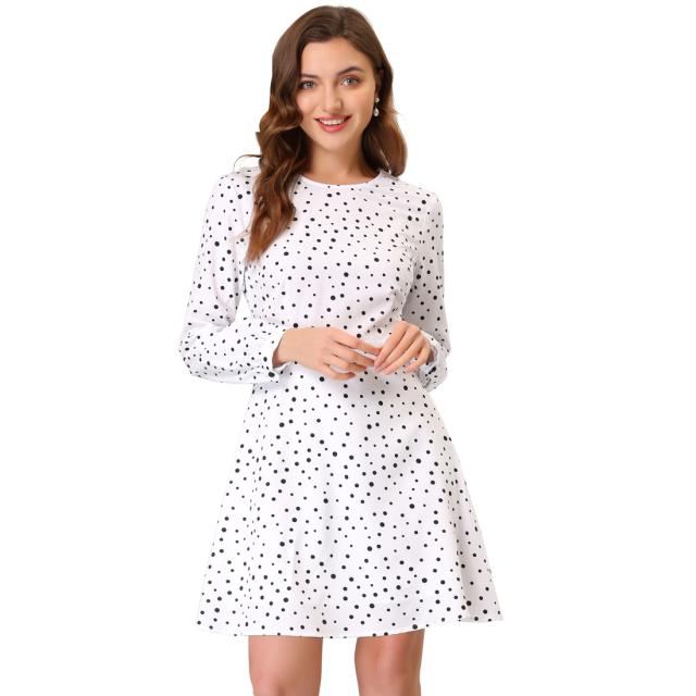 Allegra K ワンピース 春秋 膝丈 フレアワンピース ボタン付き 水玉 Vネック 長袖 ドレス ハイウエスト エレガント ホワイの通販 ...