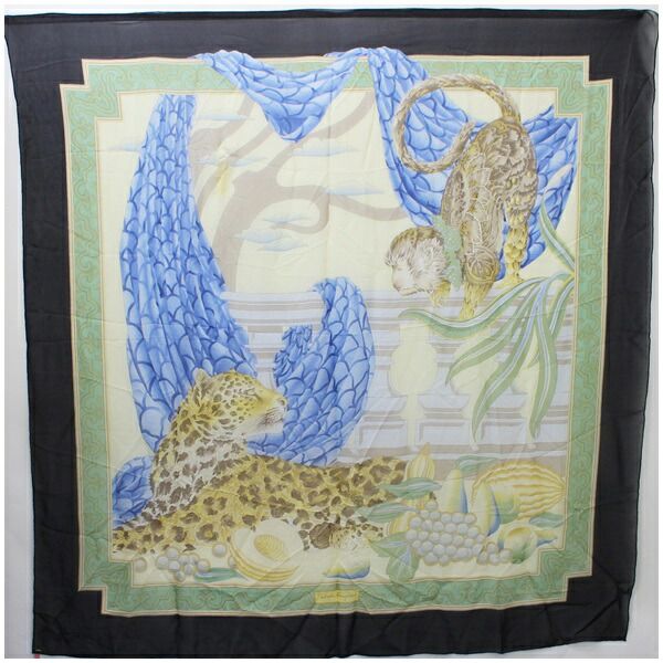 サルバトーレ フェラガモ 大判 シフォン スカーフ ブラック×グリーン×ブルー ヒョウ柄 動物柄 中古 ABランク