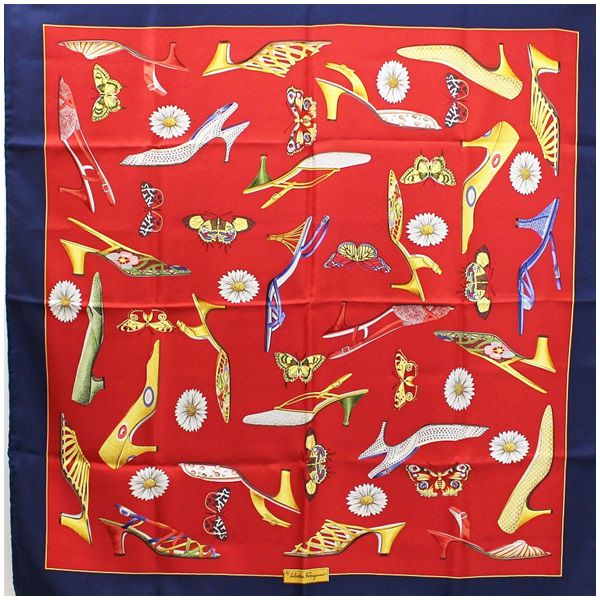 サルバトーレ・フェラガモ シルク スカーフ サンダル柄 ネイビー×レッド 中古 Aランク Salvatore