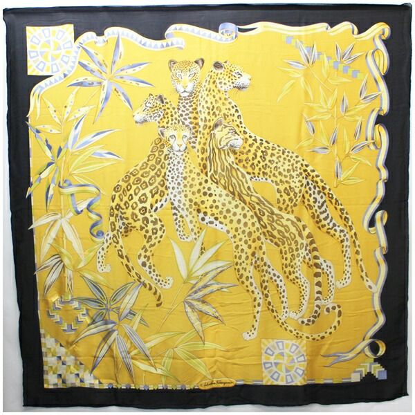 サルヴァトーレ フェラガモ シルク 大判スカーフ ストール ネイビー×イエロー 豹柄 中古 ABランク Salvatore