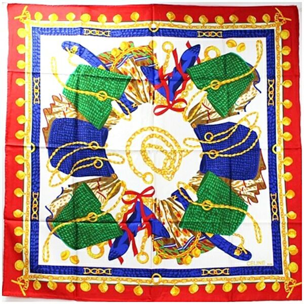 セリーヌ 未使用 シルク スカーフ レッド×マルチカラー バッグ柄 パンプス柄 中古 Aランク CELINE | レディース