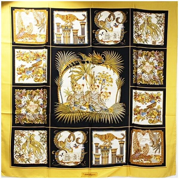 サルヴァトーレ フェラガモ シルク スカーフ からし色 マスタード 虎柄 ヒョウ柄 中古 Aランク SALVATORE