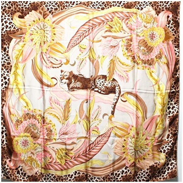 ルチアーノソプラーニ シルク スカーフ 大判 ピンク×ブラウン ヒョウ柄 中古 Aランク LUCIANO SOPRANI |