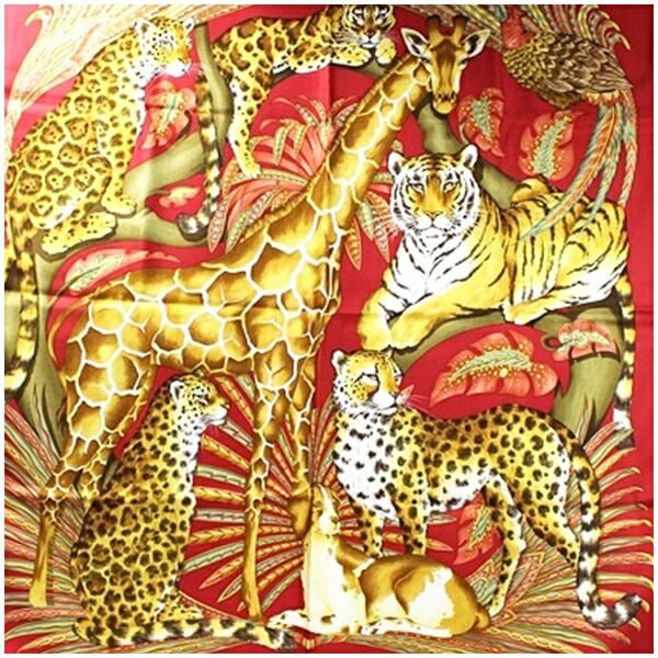 サルバトーレ フェラガモ シルク スカーフ 動物柄 ワインレッド 中古 Aランク SALVATORE FERRAGAMO