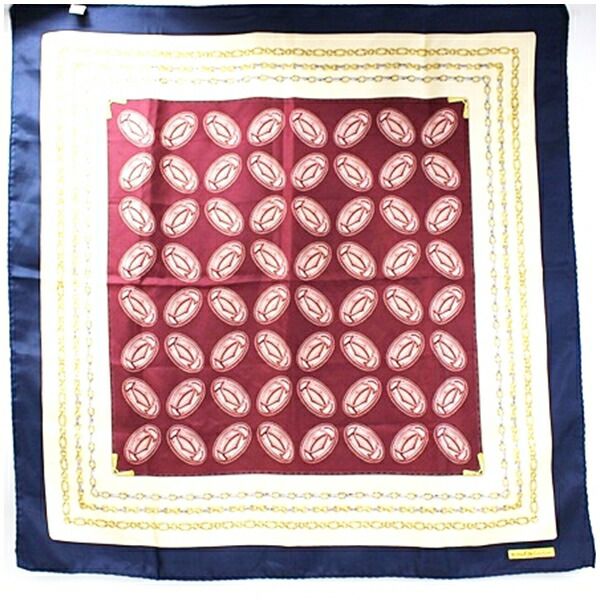 カルティエ マストドゥカルティエ シルク スカーフ ワインレッド×アイボリー×ネイビー 中古 ABランク Cartier |