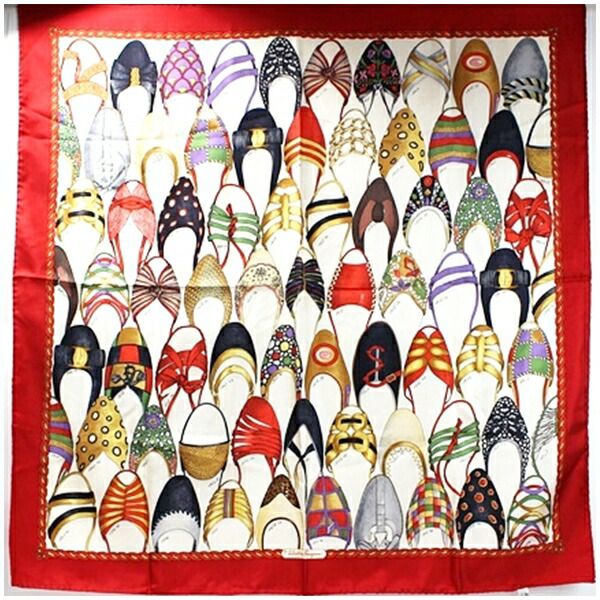 サルバトーレフェラガモ シルク スカーフ クリーム×レッド パンプス柄 中古 ABランク Salvatore