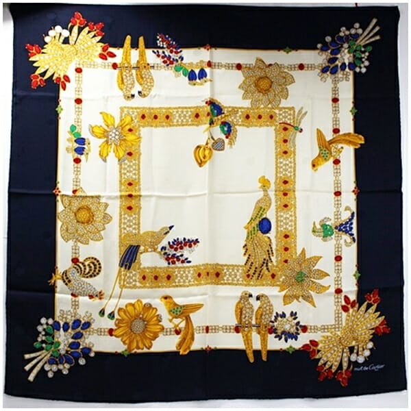 ★ カルティエ マストドゥカルティエ スカーフ 宝石柄 ネイビー×ホワイト 中古 ABランク Cartier｜レディース 女性用