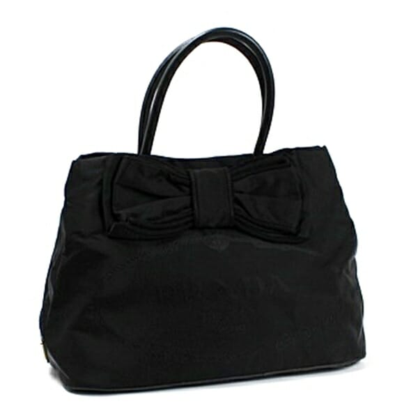 ★ プラダ トートバッグ リボン ブラック ゴールド金具 ナイロン×レザー IBG068 中古 ABランク