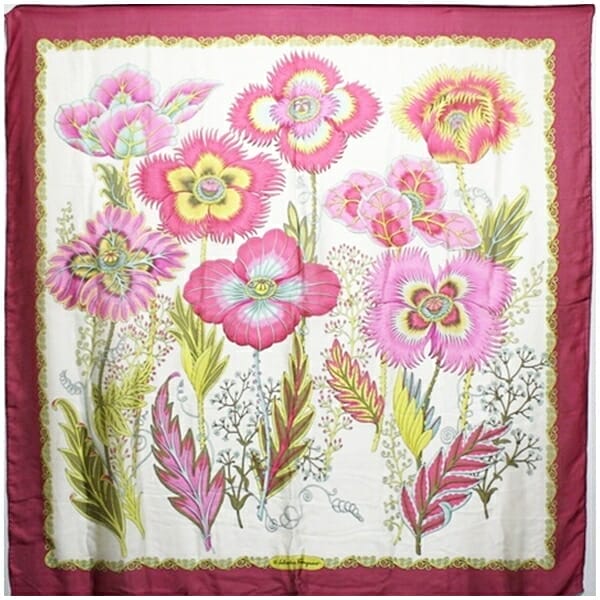 サルバトーレフェラガモ シルク 大判スカーフ ワインレッド ホワイト 花柄 中古 ABランク Salvatore