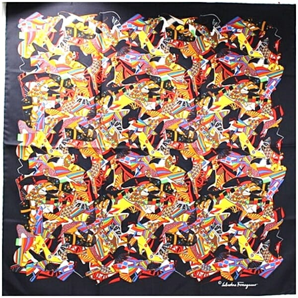 ★ サルバトーレフェラガモ スカーフ パンプス柄 ブラック×マルチカラー 中古 Aランク Salvatore