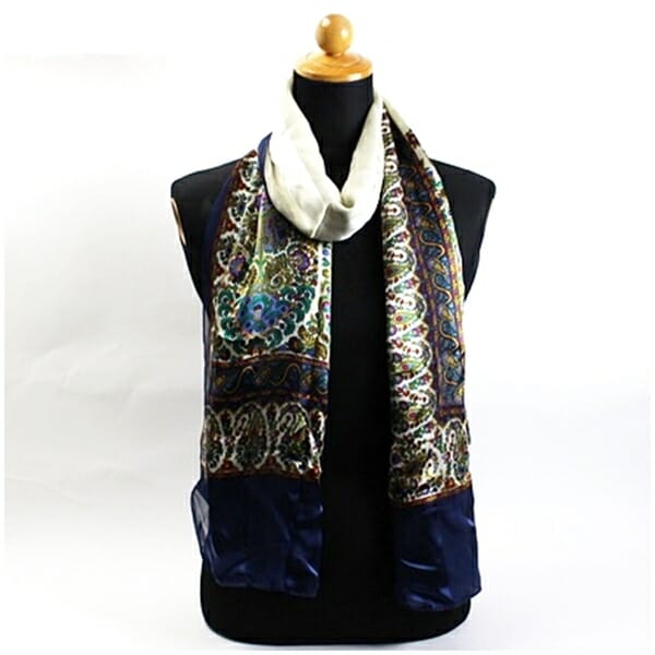 イヴサンローラン シルク 大判スカーフ ストール 長方形 ホワイト ネイビー 中古 Aランク YVES SAINT