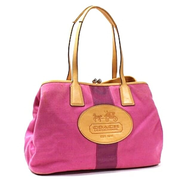 コーチ トートバッグ がま口 肩掛け キャンバス レザー ピンク 中古 ABランク COACH レディース 女性 通勤