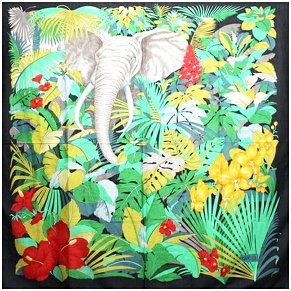 グッチ コットン 大判ストール 正方形 ブラック マルチカラー 象 花柄 中古 Aランク GUCCI レディース 女性