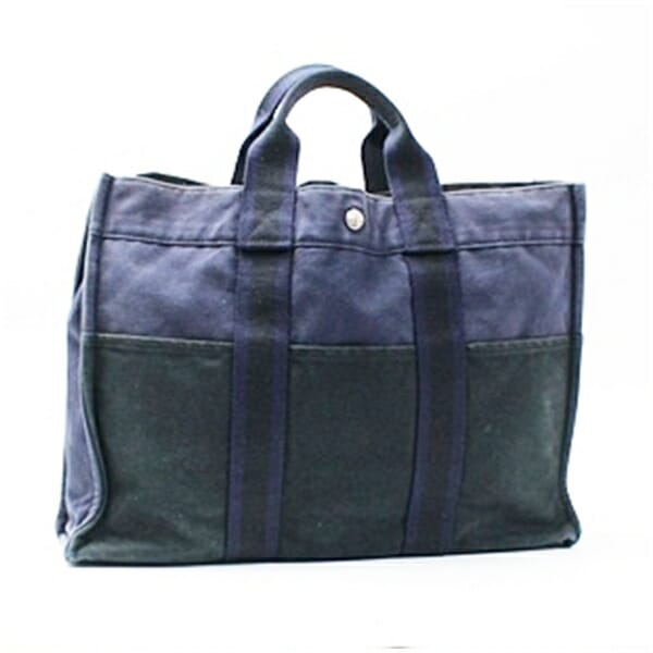 エルメス フールトゥMM キャンバス トートバッグ ネイビー ブラック バイカラー 中古 Bランク HERMES レディース