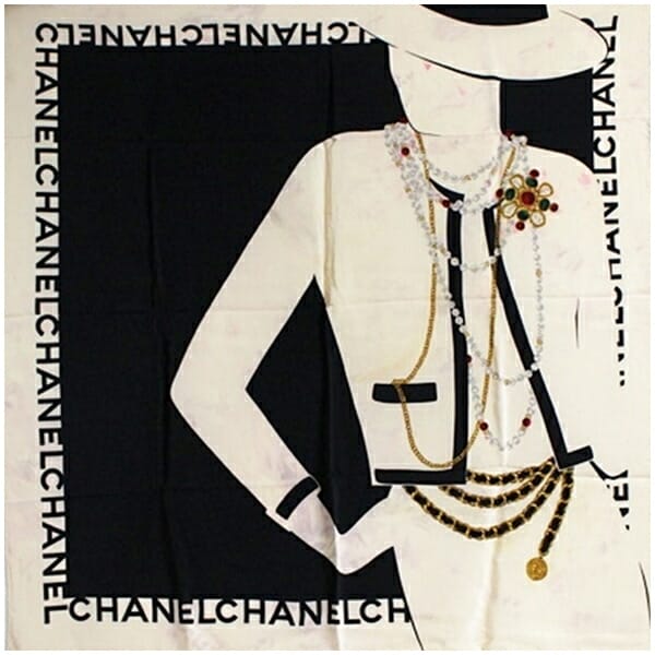 シャネル シルク スカーフ ベージュ ブラック 宝石柄 中古 BCランク CHANEL レディース 女性 ロゴ