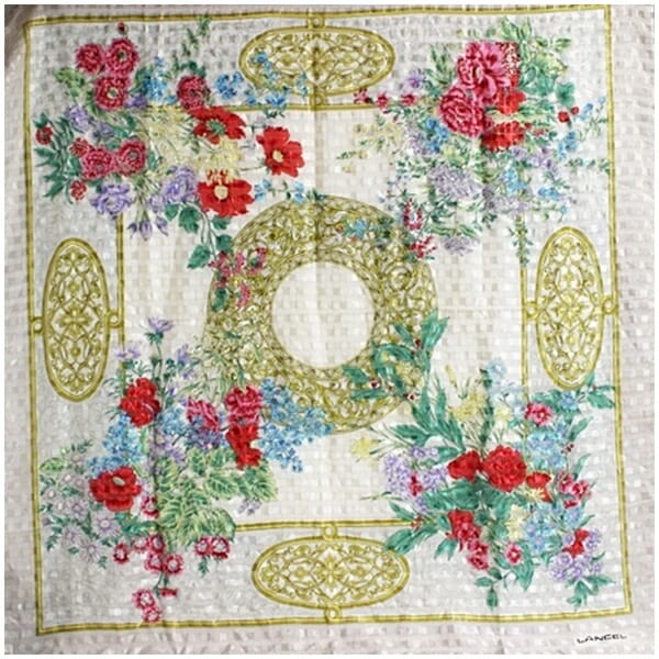 ランセル シルク 大判スカーフ ベージュ ゴールド 花柄 中古 Aランク LANCEL レディース 女性