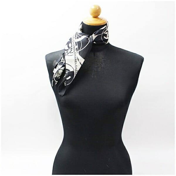 シャネル コットン シルク ミニスカーフ ブラック アイボリー ロゴ 中古 Aランク CHANEL レディース 女性