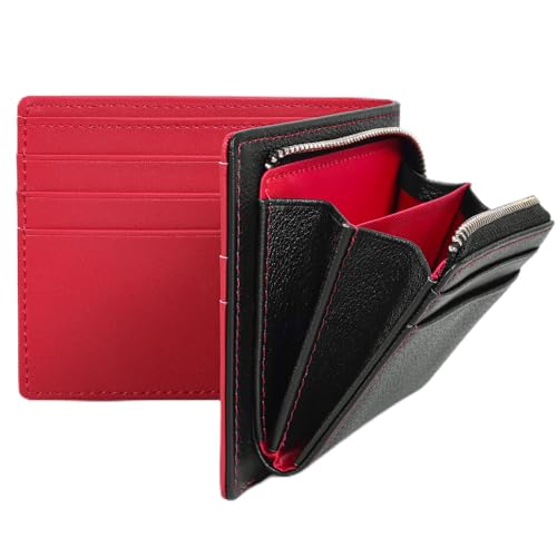 財布 本革 コンパクト財布 2つ折り財布 10枚カード収納 札入れ 手触り柔らかいレザー スキミング防止 小銭入れあり 折りたたみ ファスナーケース 薄型 一流の財布職人が作る 名刺入れ レッド