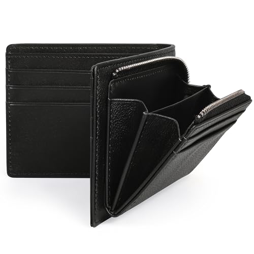 財布 本革 コンパクト財布 2つ折り財布 10枚カード収納 札入れ 手触りソフトレザー スキミング防止 小銭入れあり 折りたたみ ファスナーケース 薄型 一流の財布職人が作る 名刺入れ ブラック